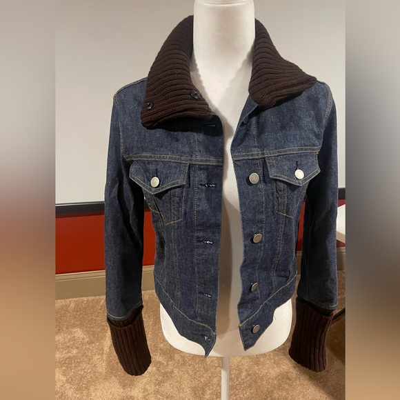 Theory | Jackets & Coats | Theory Jean Jacket With Brown Knit Sleeve ...